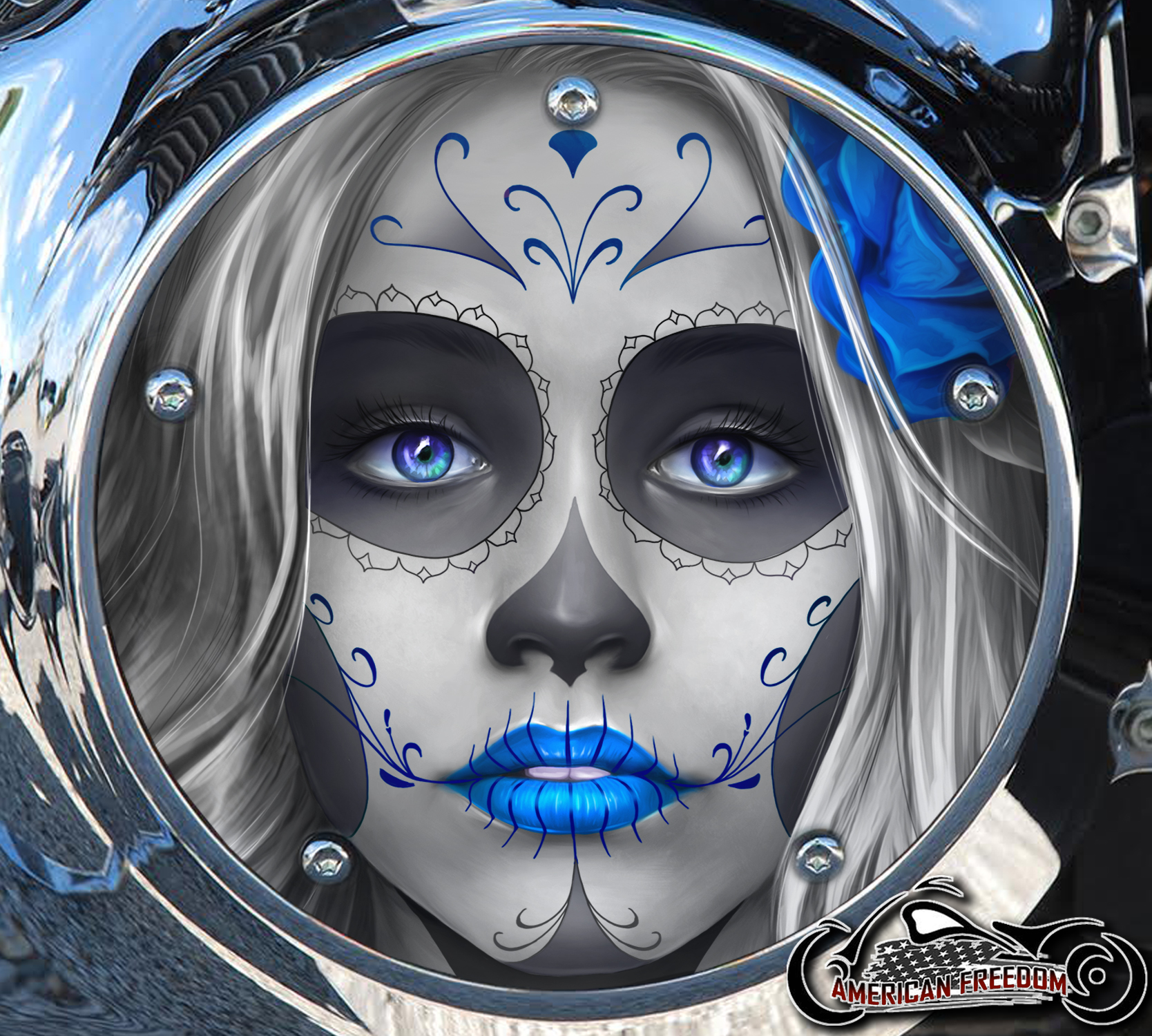 Custom Derby Cover - Day Of The Dead Sugar Skull Blue [Harley Davidson ...
